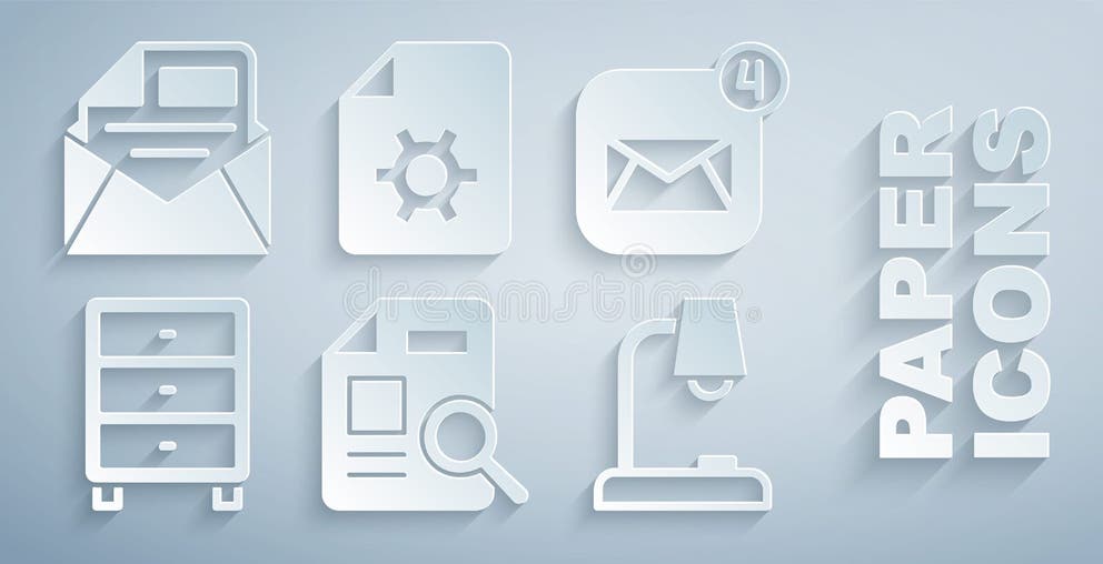 Set Document with Graph Chart, Envelope, Archive Papers Drawer, Table Lamp, Settings and Mail ...