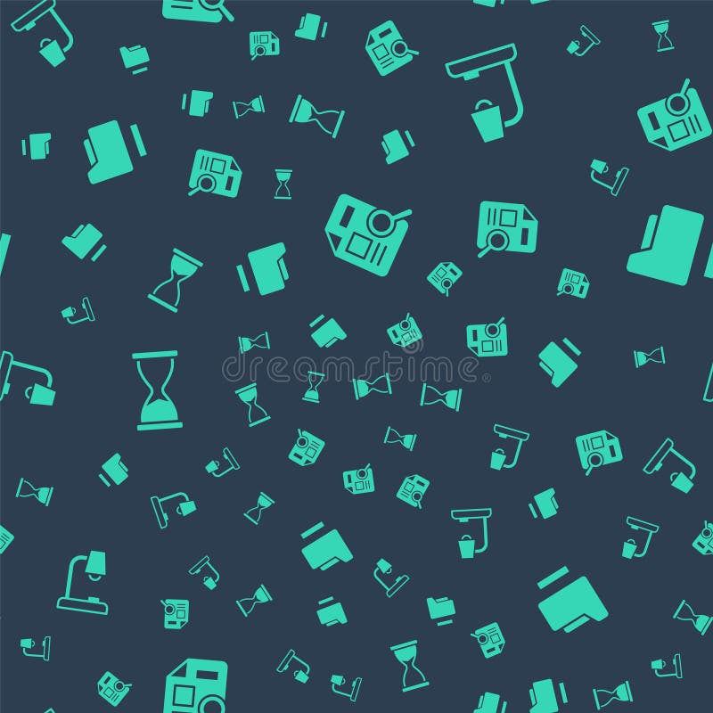 Set Document with Graph Chart, Table Lamp, Old Hourglass and Folder on Seamless Pattern. Vector ...