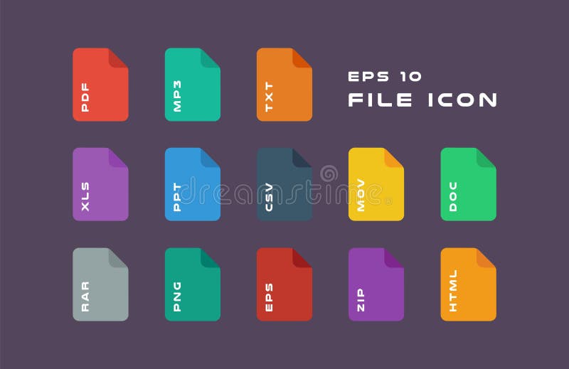 Set of Document Labels and File Formats Icons. PDF, MP3, TXT, XLS, PPT ...