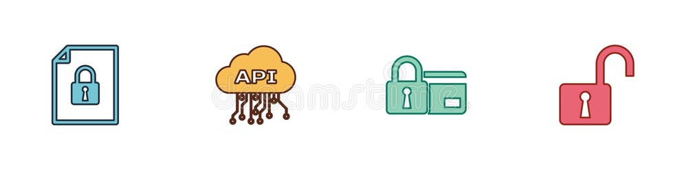 Set Document and Lock, Cloud Api Interface, Credit Card with and Open Padlock Icon. Vector Stock ...