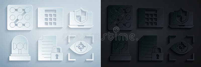 Set Document and Lock, Laptop Protected with Shield, Flasher Siren, Eye ... Set Document and Lock, Laptop Protected with Shield, Flasher Siren, Eye ...