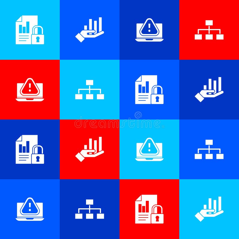 Set Document and Lock, Pie Chart Infographic, Laptop with Exclamation ...