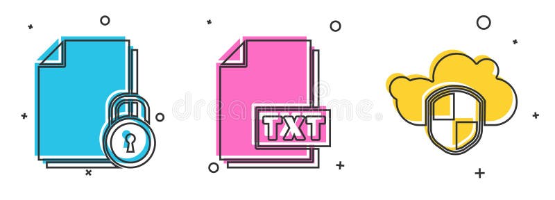 Set Document and Lock, TXT File Document and Cloud and Shield Icon ... Set Document and Lock, TXT File Document and Cloud and Shield Icon ...