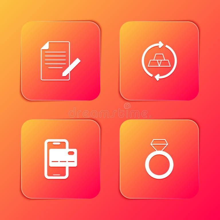 Set Document and Pen, Gold Bars, Mobile Banking and Diamond Engagement ...