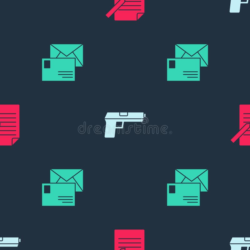 Set Document and Pen, Pistol or Gun and Envelope on Seamless Pattern ...