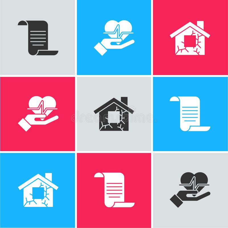 Set Document with Shield, Life Insurance in Hand and House Icon. Vector ...