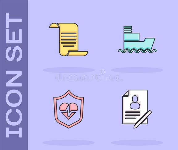 Set Document with Shield, , Life Insurance and Ship Icon. Vector Stock ...