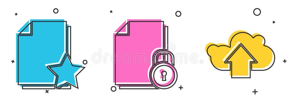 Set Document with Star, Document and Lock and Cloud Upload Icon. Vector ...