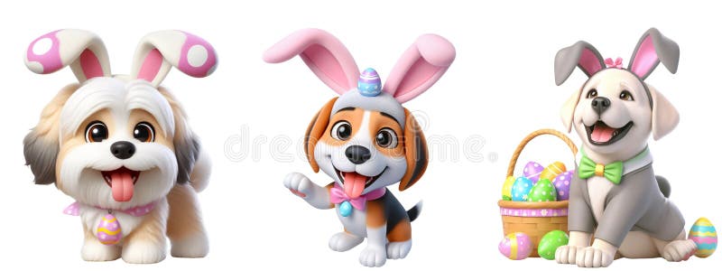 Cutout Set of Cute 3D Dogs Dressed Up As Easter Bunny, Isolated on ...