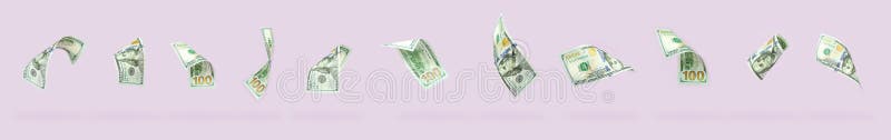 Set 100 Dollar Banknotes Flying on Pink Background. Collection of ...
