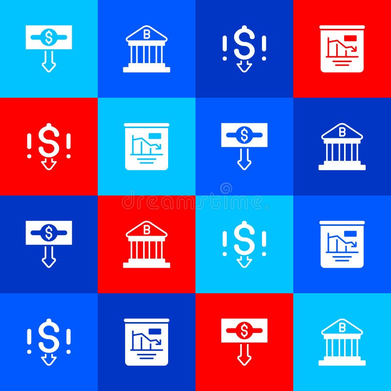 Set Dollar Rate Decrease, Bank Building, and Pie Chart Infographic Icon. Vector Stock Vector ...