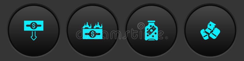 Set Dollar Rate Decrease, Burning Dollar Bill, Glass Money Jar with Coin and Credit Card Icon ...