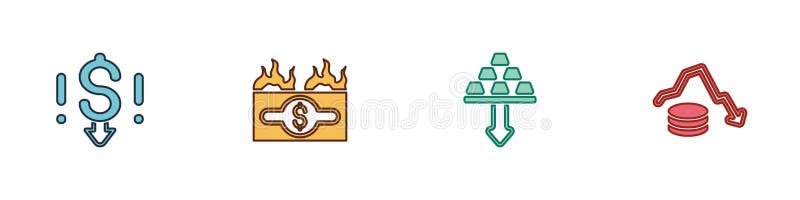 Set Dollar Rate Decrease, Burning Dollar Bill, Gold Bars and Icon. Vector Stock Vector ...
