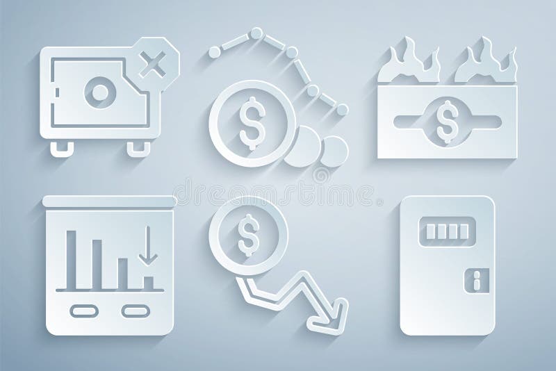 Set Dollar Rate Decrease, Burning Dollar Bill, Pie Chart Infographic, Prison Cell Door, and Safe ...