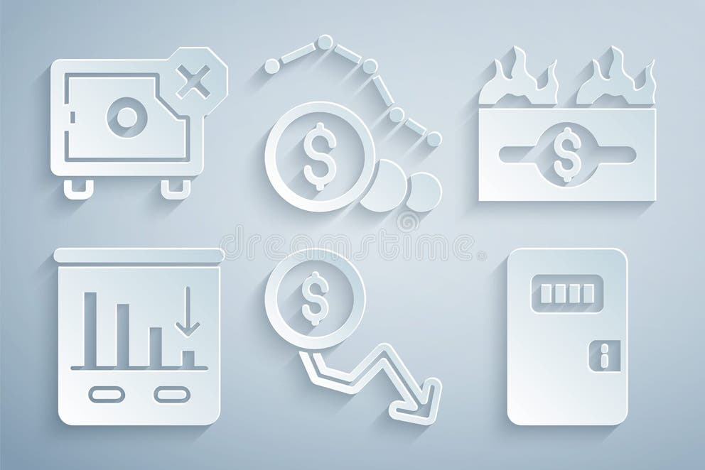 Set Dollar Rate Decrease, Burning Dollar Bill, Pie Chart Infographic, Prison Cell Door, and Safe ...