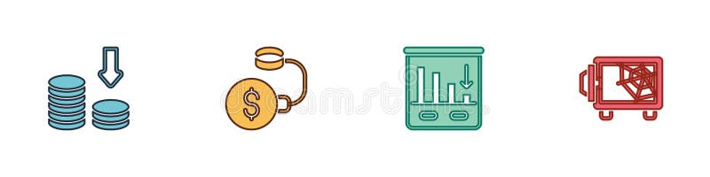 Set Dollar Rate Decrease, Debt Ball Chained To Coin, Pie Chart Infographic and Safe Icon. Vector ...