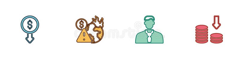 Set Dollar Rate Decrease, Global Economic Crisis, Worker and Icon. Vector Stock Vector ...