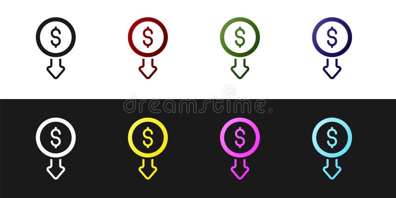 Set Dollar Rate Decrease Icon Isolated on Black and White Background ...