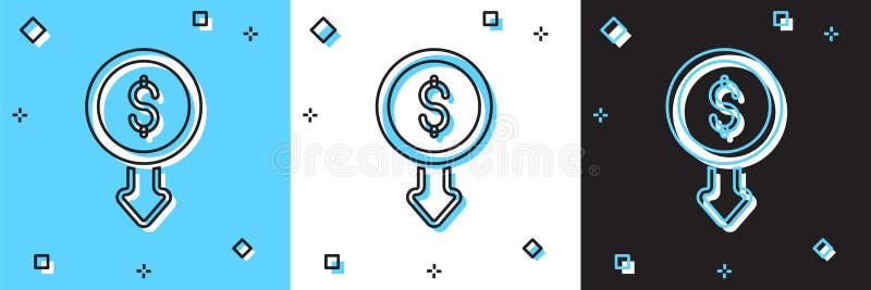 Set Dollar Rate Decrease Icon Isolated on Blue and White, Black Background. Cost Reduction Stock ...