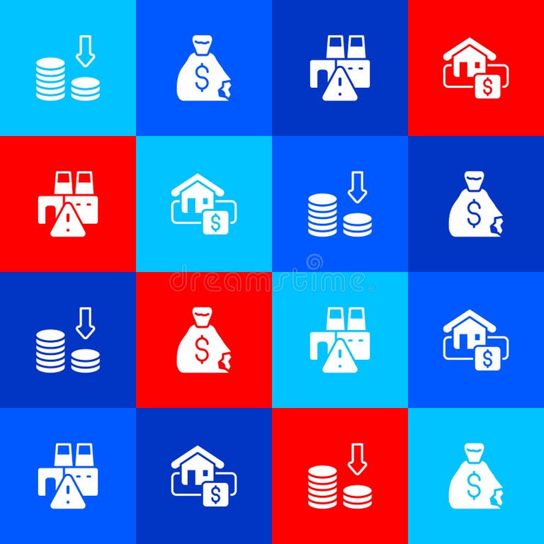 Set Dollar Rate Decrease, Money Bag, Shutdown of Factory and Hanging Sign with Sale Icon. Vector ...