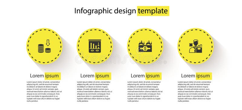 Set Dollar Rate Decrease, Pie Chart Infographic, Burning Dollar Bill and Employee Dismissal ...