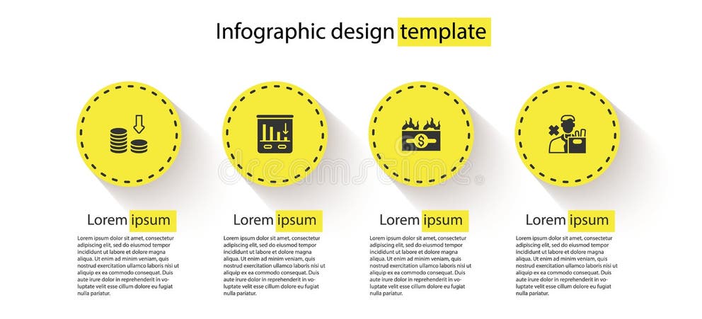 Set Dollar Rate Decrease, Pie Chart Infographic, Burning Dollar Bill and Employee Dismissal ...