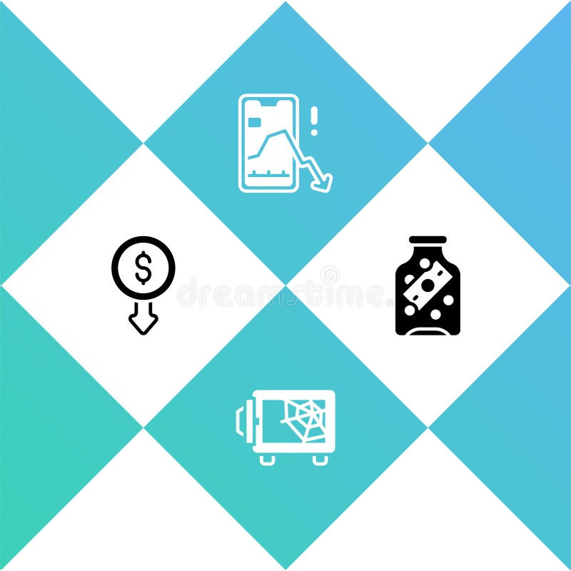 Set Dollar Rate Decrease, Safe, Mobile Stock Trading and Glass Money Jar with Coin Icon. Vector ...