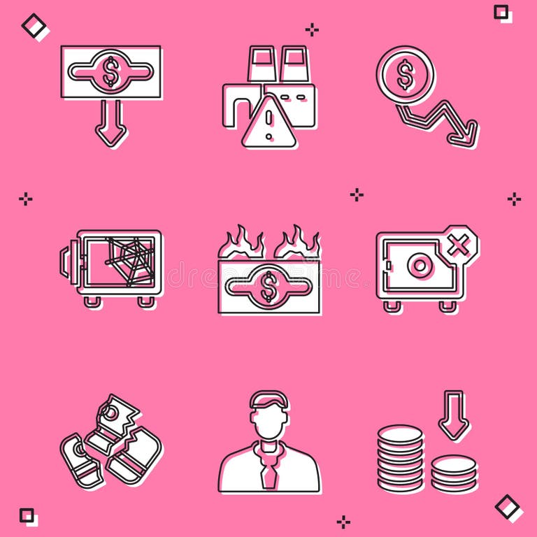 Set Dollar Rate Decrease, Shutdown of Factory, Safe, Burning Dollar Bill, Credit Card and Worker ...