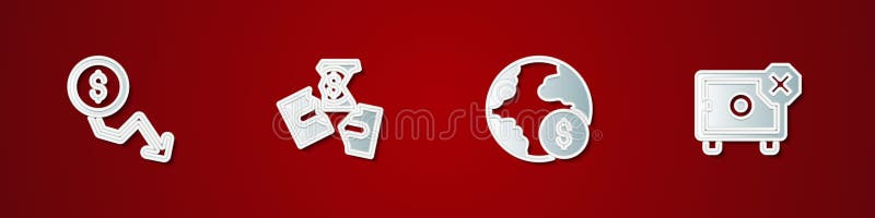 Set Dollar Rate Decrease, Tearing Money Banknote, Global Economic Crisis and Safe Icon. Vector ...