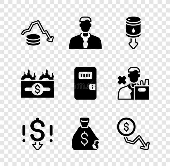 Set Dollar Rate Decrease, Worker, Drop in Crude Oil Price, Money Bag, Burning Dollar Bill and ...
