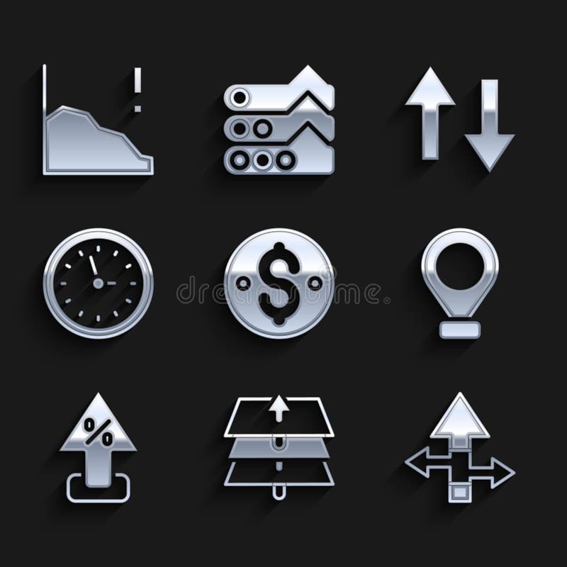 Set Dollar Symbol, Layers, Arrow, Location, Percent Up Arrow, Clock, and Financial Growth ...