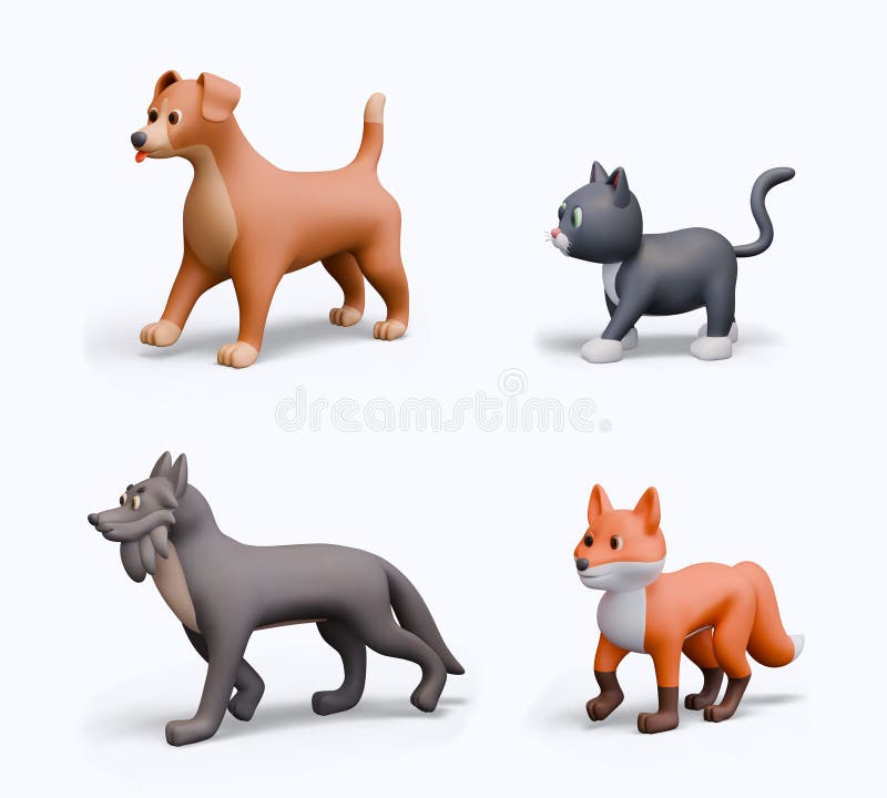 Set of Domestic and Wild Animals in Realistic Style. Cat, Dog, Wolf ...