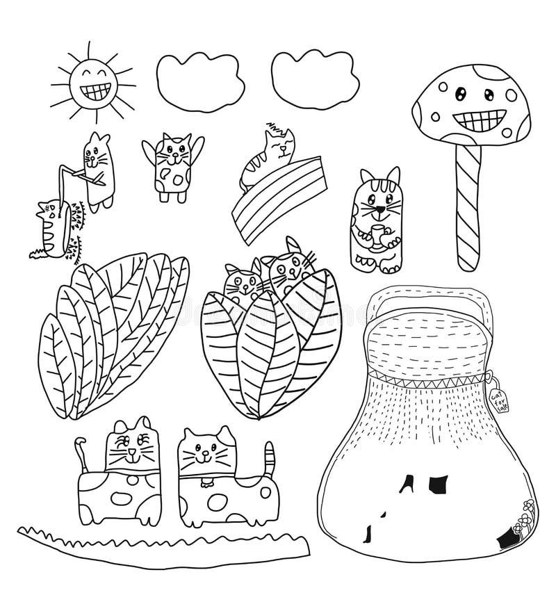 Set of Doodle cat art stock illustration. Illustration of meow - 198886157