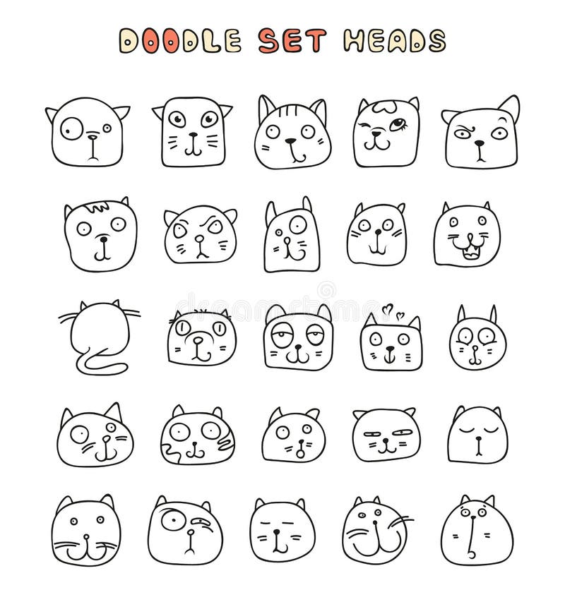 Set 25 Doodle Cats with Different Emotions Handmade. Cat Face Stock ...