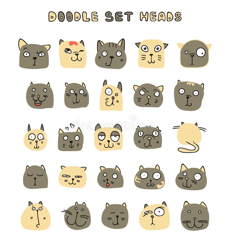 Set 25 Doodle Cats with Different Emotions Handmade. Cat Face Stock ...