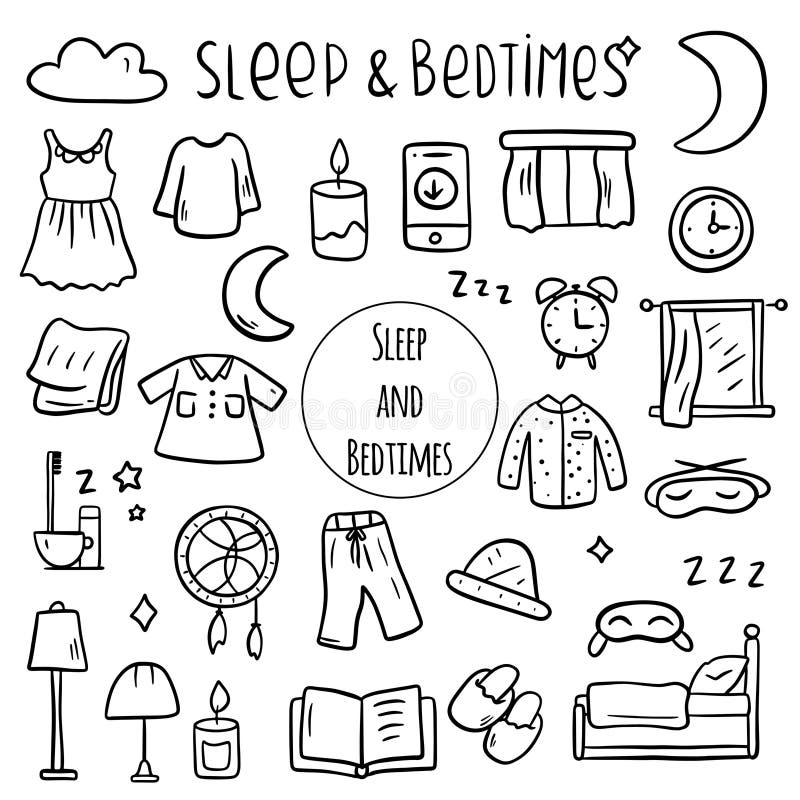 A Set of Doodle Elements for Sleep, Rest Time, Comfort at Night. Hand ...