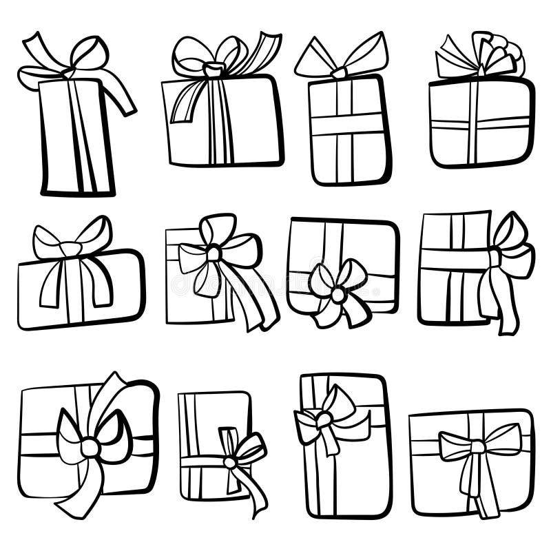 Set of Doodle Gift Boxes with Bows, Party Supplies Outline Stock Vector ...