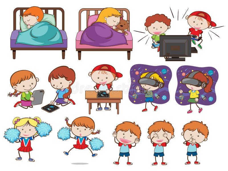 A Set of Doodle Kids and Activities Stock Vector - Illustration of game ...