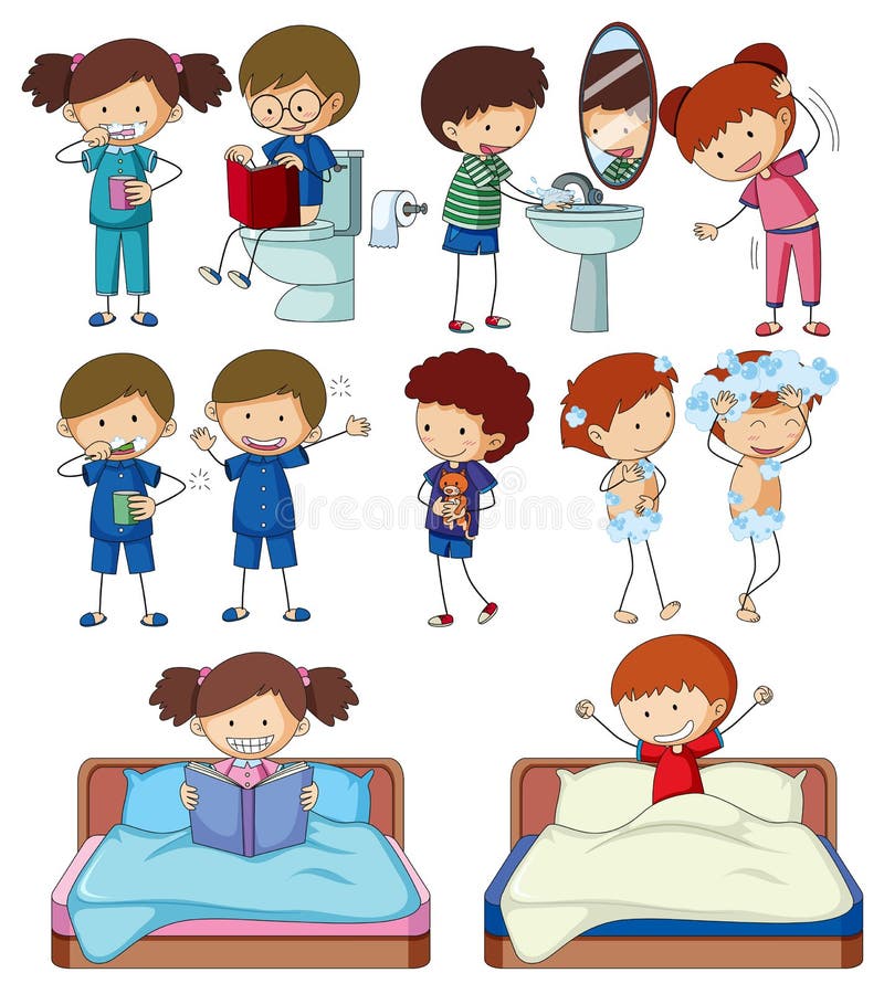 Set of Doodle Kids Character Routine Activities Stock Vector ...