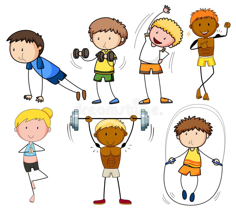 A Set of Doodle Kids Exercise Stock Illustration - Illustration of ...