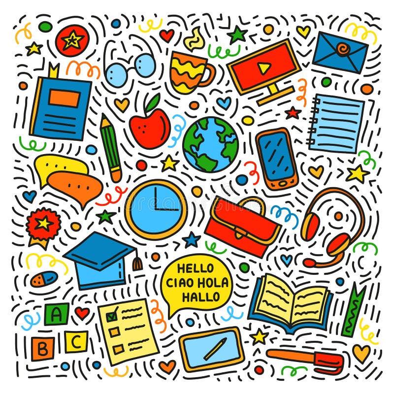 Set of Doodle Language Courses Icons. Stock Vector - Illustration of ...