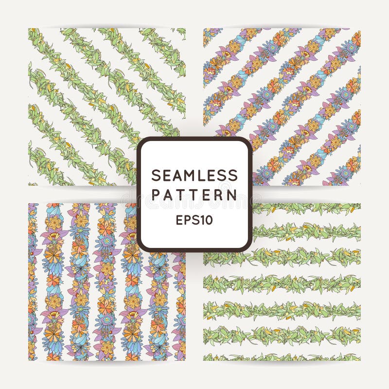 Set of Doodle Seamless Patterns with Various Doodle Flowers, Leaves and ...