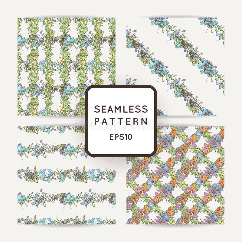 Set of Doodle Seamless Patterns with Various Doodle Flowers, Leaves and ...