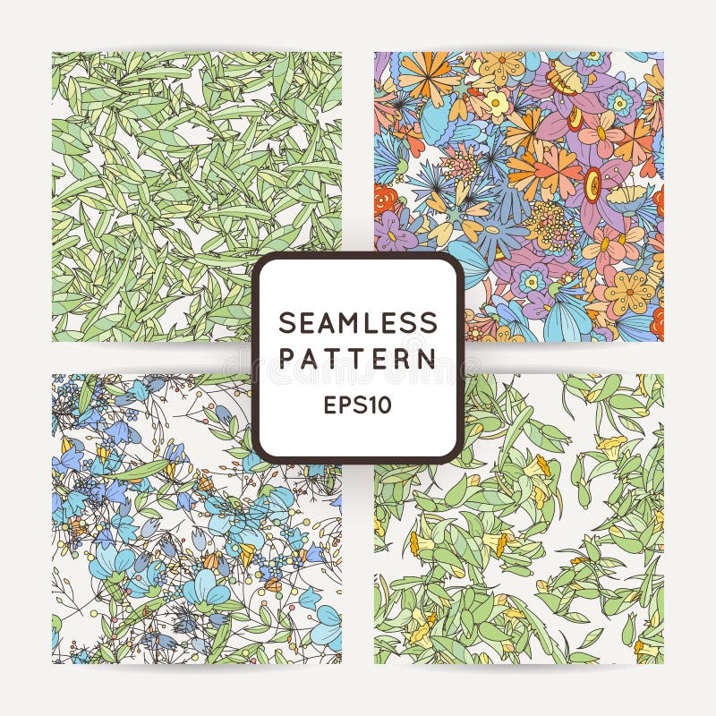 Set of Doodle Seamless Patterns with Various Doodle Flowers, Leaves and ...