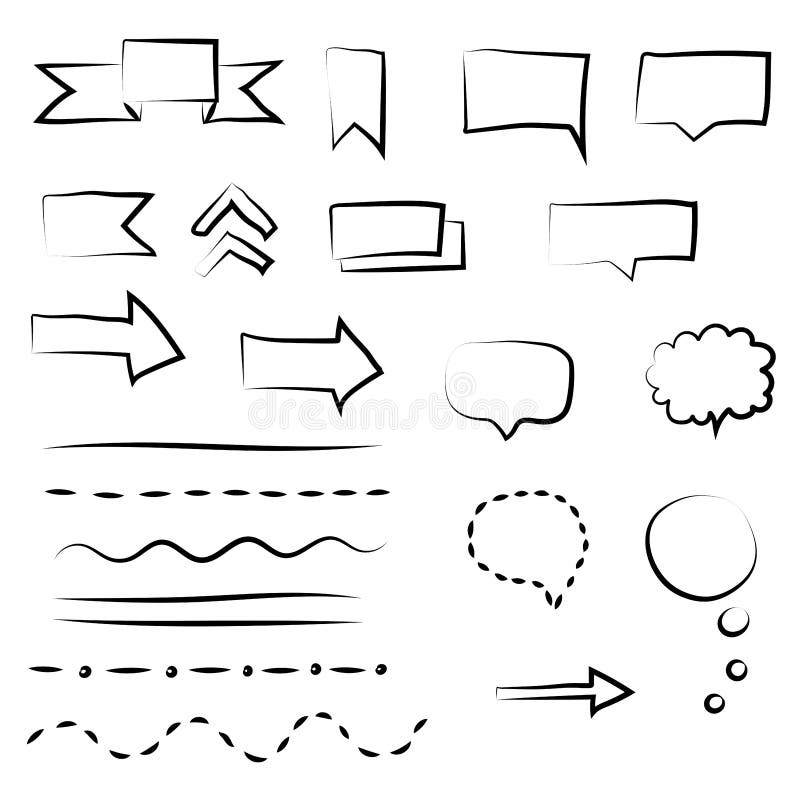 Set of Doodle Signs. Arrows Circles and Abstract Hand Drawn Writing ...