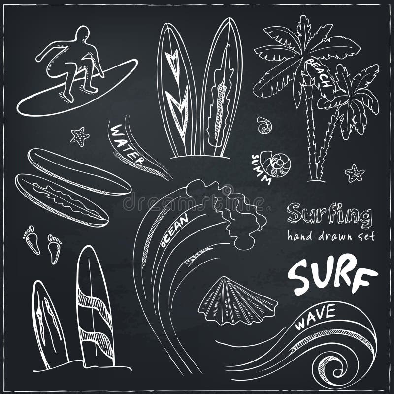 Set of Doodle Sketch Surfing Sport Icons Stock Vector - Illustration of ...