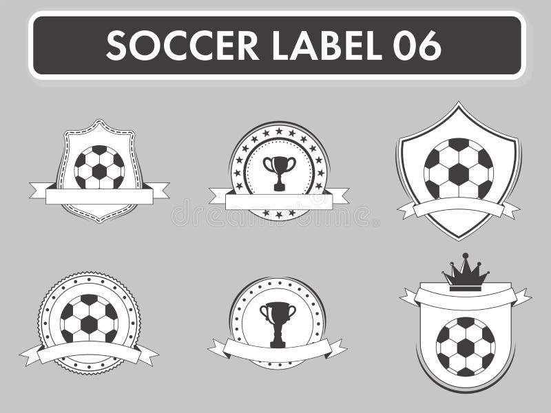 Set of Doodle Style Soccer Label or Badge, Shield Element on Gray Stock ...