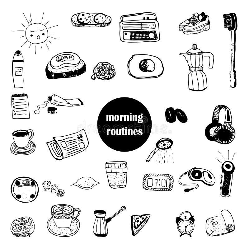 A Set of Doodles of Morning Routines before Work Stock Vector ...