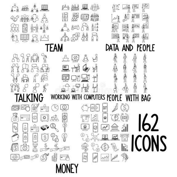 Set of Doodles Vector Icon Team, Data and People, Talking, Working with ...