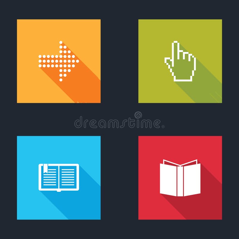 Set Dots Arrow, Pixel Hand Cursor, Open Book and Icon. Vector Stock ...